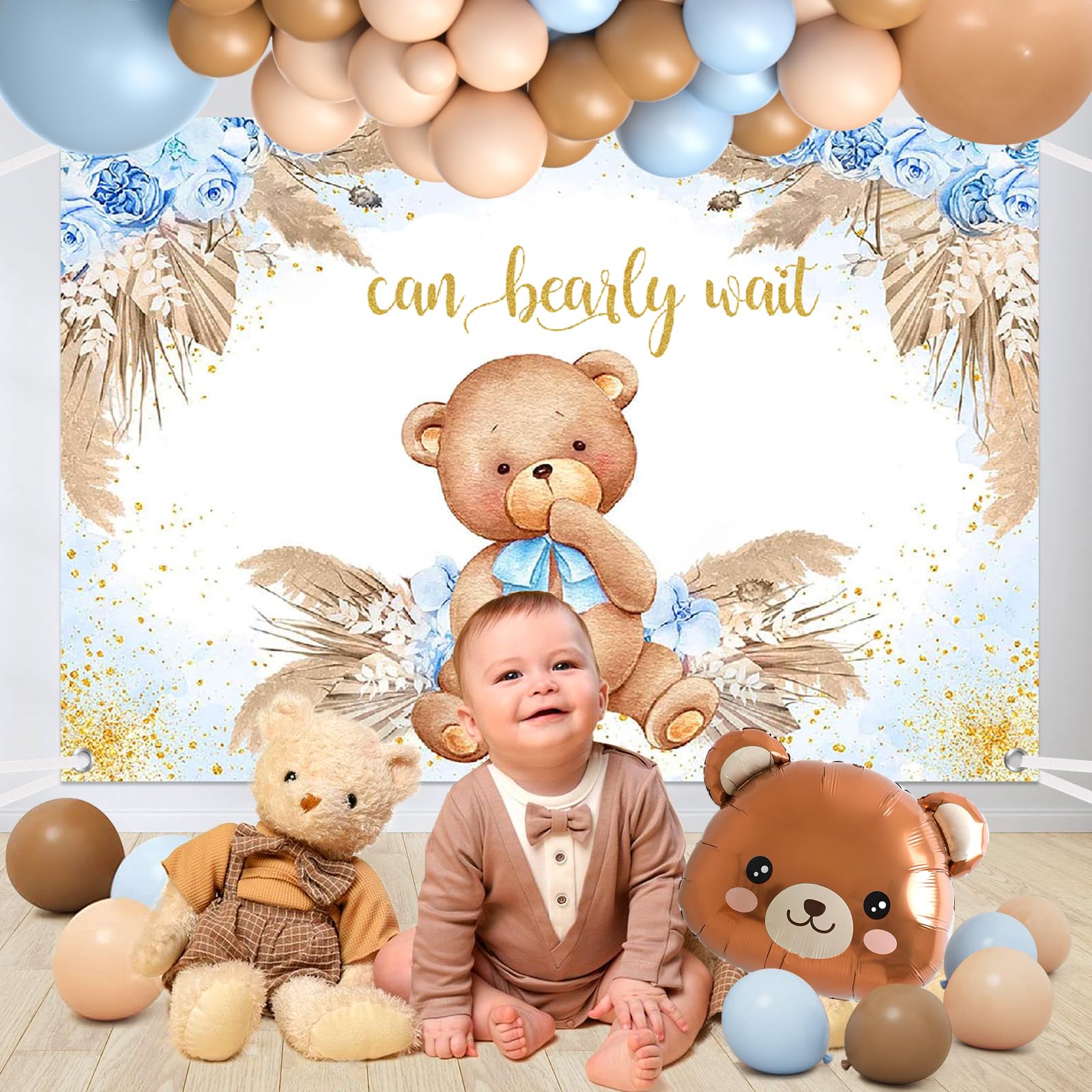 117 Teddy Bear Baby Shower Decorations for Boy Birthday Supplies Brown Blue Balloon Garland Kit Wood Grain Boxes with Letters Bearly Wait Backdrop Bear Theme Baby Shower Decor