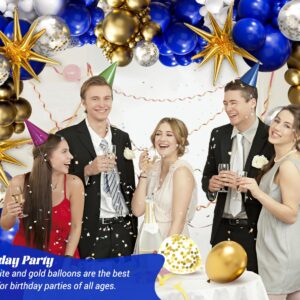 FOTIOMRG 136pcs Royal Blue and Gold Balloons Arch Garland Kit with Star Foil Balloons, 5 10 12 18 inch Navy Blue White and Gold Balloon for Anniversary Wedding New Year Birthday Party Decorations