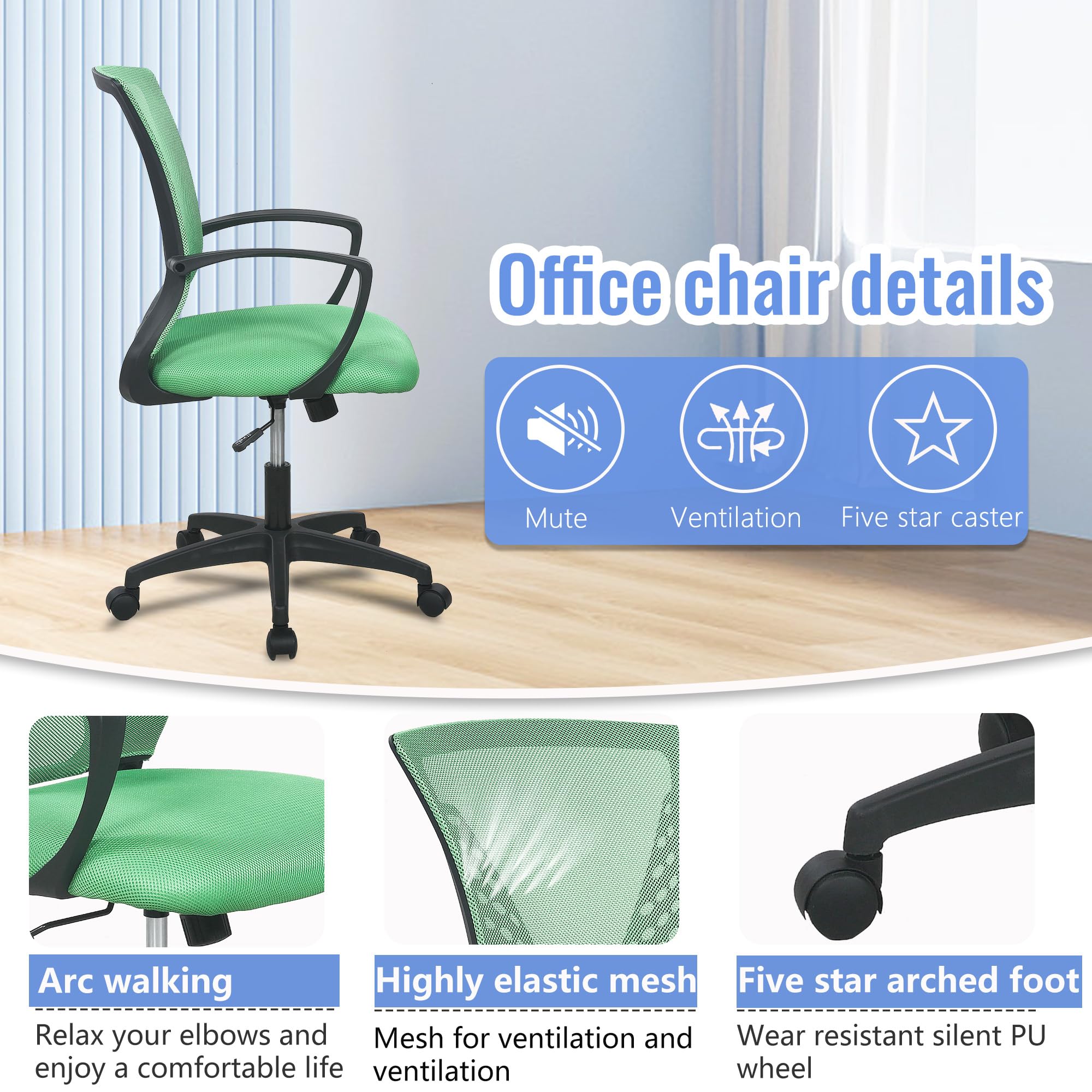 PayLessHere Office Chair Desk Chair Computer Chair Ergonomic Chair Adjustable Executive Mesh Mid Back with 360 Degree Swivel Wheels Lumbar Support Armrest, Green