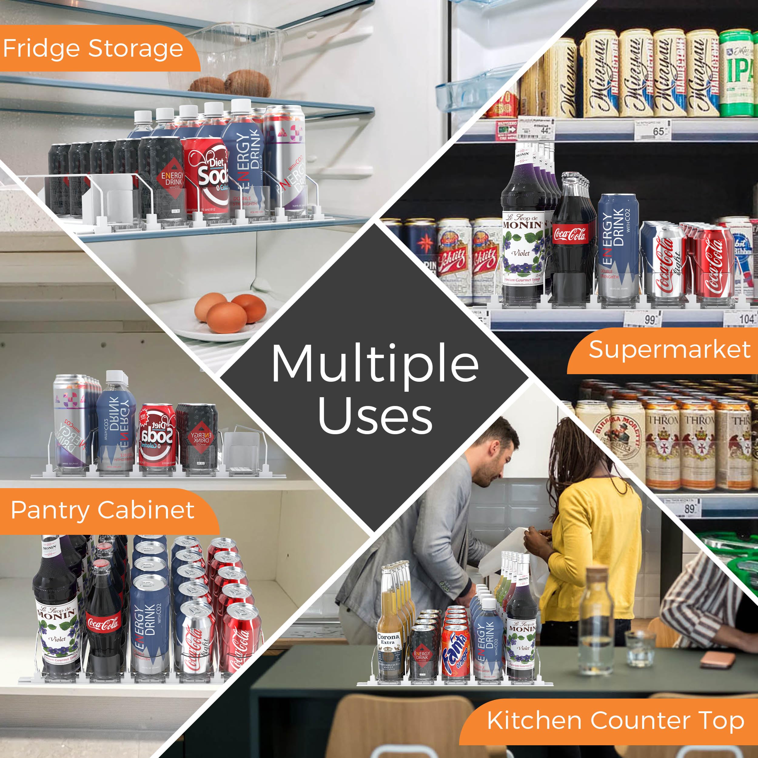 Hmdivor 5 Rows Drink Organizer for Fridge, 15'' Soda Can Dispenser for Fridge with Pusher Glide, Width Adjustable Fridge Can Organization Hold Up to 25 Cans (White)