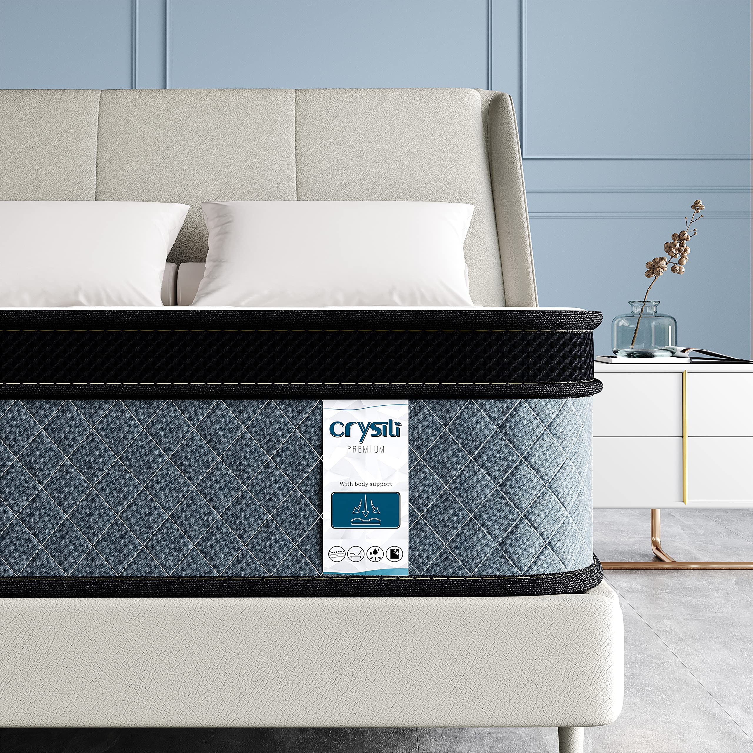 Crystli King Mattress 14 Inch, King Size Mattress in a Box Memory Foam King Mattress Hybrid Design with Pocket Springs Motion Isolation Pressure Relief Supportive King Bed Mattress