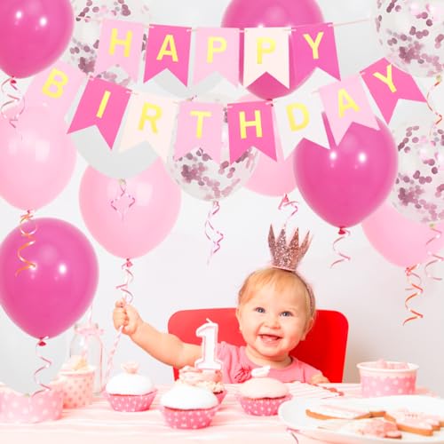 Pink Birthday Decorations, Happy Birthday Banner, Pink Birthday Balloons Decorations, 16 pcs 12 inch Happy Birthday Balloons with 2 Ribbons for Girl and Women Birthday Party Decoration