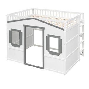 BOVZA Full Size Wood House Loft Bed with Ladder, Kids Playhouse Bed with Window for Girls Boys, White+Gray