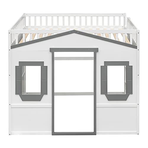 BOVZA Full Size Wood House Loft Bed with Ladder, Kids Playhouse Bed with Window for Girls Boys, White+Gray