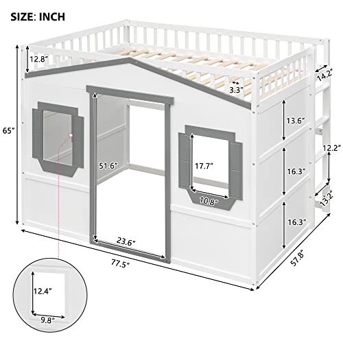 BOVZA Full Size Wood House Loft Bed with Ladder, Kids Playhouse Bed with Window for Girls Boys, White+Gray