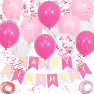 pink birthday decorations, happy birthday banner, pink birthday balloons decorations, 16 pcs 12 inch happy birthday balloons with 2 ribbons for girl and women birthday party decoration