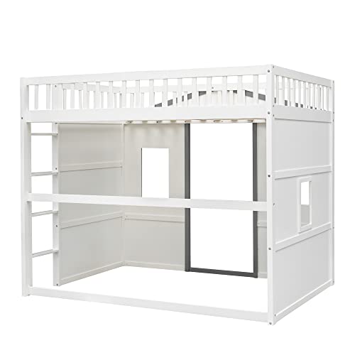 BOVZA Full Size Wood House Loft Bed with Ladder, Kids Playhouse Bed with Window for Girls Boys, White+Gray