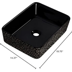 Strictly Sinks 18 Inch Rectangular Black Vessel Sink - Ceramic Countertop Bathroom Sink – Easy to Install Above Counter Luxurious Bathroom Vessel Sink (18-3/4″ W x 14-3/8″ L x 5-1/4″ H)