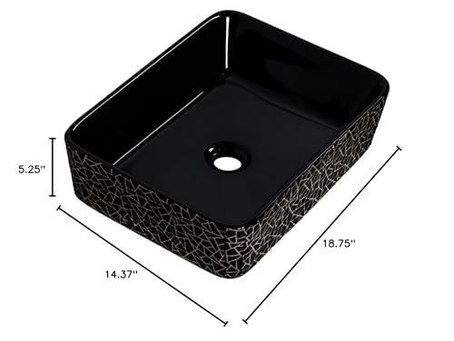 Strictly Sinks 18 Inch Rectangular Black Vessel Sink - Ceramic Countertop Bathroom Sink – Easy to Install Above Counter Luxurious Bathroom Vessel Sink (18-3/4″ W x 14-3/8″ L x 5-1/4″ H)