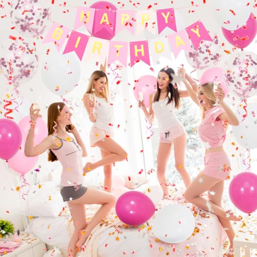 Pink Birthday Decorations, Happy Birthday Banner, Pink Birthday Balloons Decorations, 16 pcs 12 inch Happy Birthday Balloons with 2 Ribbons for Girl and Women Birthday Party Decoration