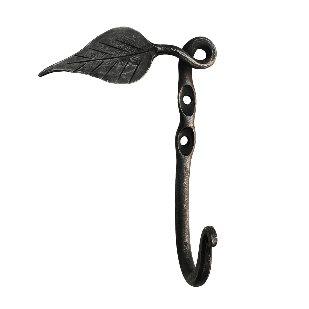 Living Ideas Hand Forged Wall Mounted Leaf Hook Wrought Iron Handmade Metal Rustic Hook for Plant, Mug & Hat Blacksmith Farmhouse Decor Coat Hook Rack Antique Finish Heavy Duty Kitchen Towel Hooks