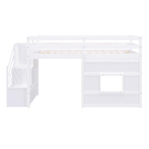 Harper & Bright Designs Low Loft Bed with Stairs, Twin Bed Frame for Kids with Storage, White