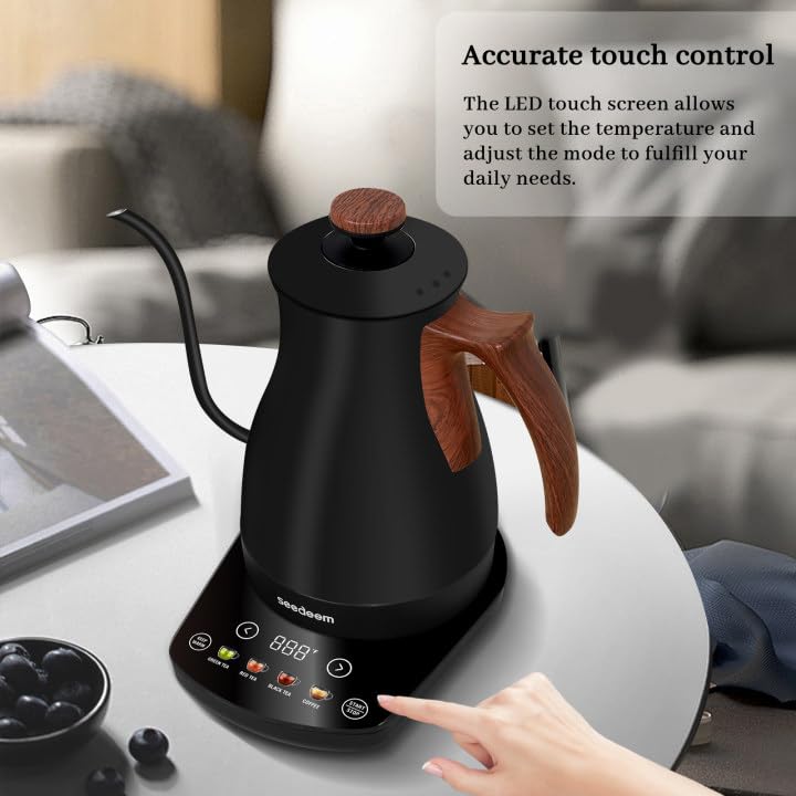 SEEDEEM Gooseneck Electric Kettle Full Touch Screen 1200W Electric Tea & Coffee Kettle with Four Heating Modes Rapid Heating,±1℉ Temperature Control，Keep Warm Mode,3.88oz Electric kettle