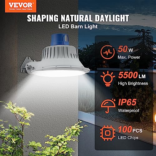 VEVOR LED Barn Light, 50W 5500LM, Ultra Brightness 6000K Daylight, Dusk to Dawn Area Lights, Outdoor Security Flood Lighting, IP65 Waterproof for Outside Yard Street Garage Shed Patio, Wall/Pole Mount