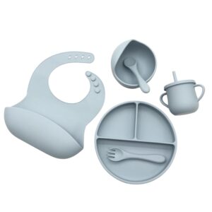 premium baby dinnerware set | silicone baby feeding set | dishwasher safe | safe & easy to clean | includes suction bowl, divided plate, sippy cup & utensil set | bpa free | (blue)