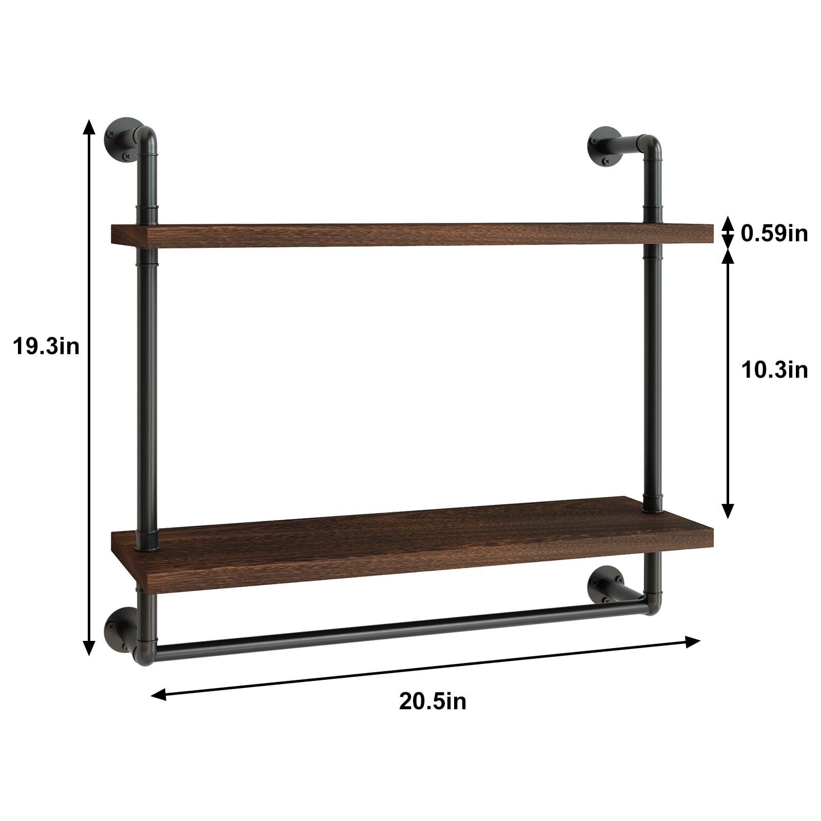 Fixwal 2 Tier Over The Toilet Storage, 24in Bathroom Shelves Wall Mounted, Rustic Wood Industrial Pipe Shelf, Floating Shelf for Bathroom, Living Room, Kitchen, Bedroom (Dark Carbonized Black)