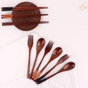 Cutlery 3PCS Fork Chopsticks Spoon Set Portable Tableware Chinese Wooden Utensils Sets Dinner Sets Long Handle Utensils With Fork Spoon Chopsticks