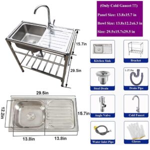 CcacHe Free Standing Kitchen Stainless Steel Utility Sink Set with Faucet for Laundry Room/Backyard/Garage Portable Outdoor Camping Sink Laundry Sink Dish Washing Station with Hose Hook Up