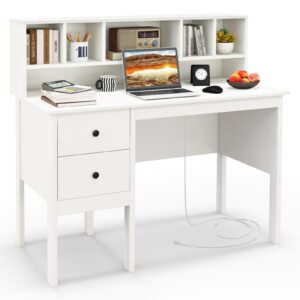 globalway48” computer desk, study writing desk with 5-cube hutch, 2 drawers & charging station, home office workstation for living room, study & bedroom, white