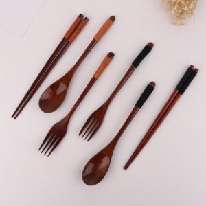 Cutlery 3PCS Fork Chopsticks Spoon Set Portable Tableware Chinese Wooden Utensils Sets Dinner Sets Long Handle Utensils With Fork Spoon Chopsticks