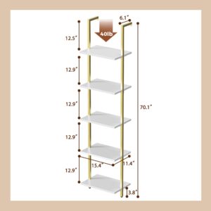 SUPERJARE 5-Tier Bookshelf, Narrow Book Shelf Set of 2, Open Wall-Mounted Ladder Shelf with Metal Frame, Display Bookcase for Home Office, Bedroom, White & Gold