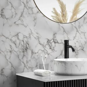 Decoroom Marble Contact Paper 17.71''×118''，White Grey Peel and Stick Wallpaper，Glossy Self Adhesive Marble Granite Paper for Kitchen Countertops Cabinets