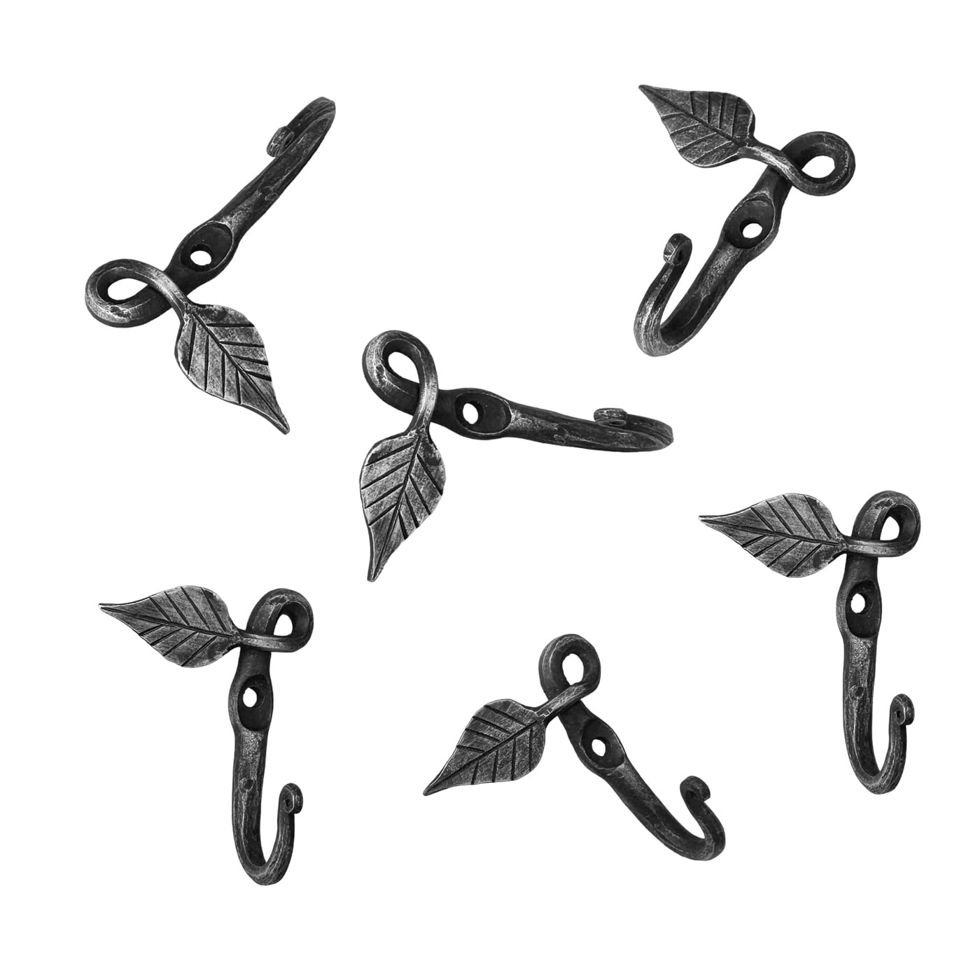 Living Ideas Hand Forged Metal Leaf Hook Set of 6 Pcs Wrought Iron Handmade Rustic Hook for Plant & Mug Blacksmith Farmhouse Decor Coat Hook Rack Antique Finish Heavy Duty Kitchen Towel Hooks