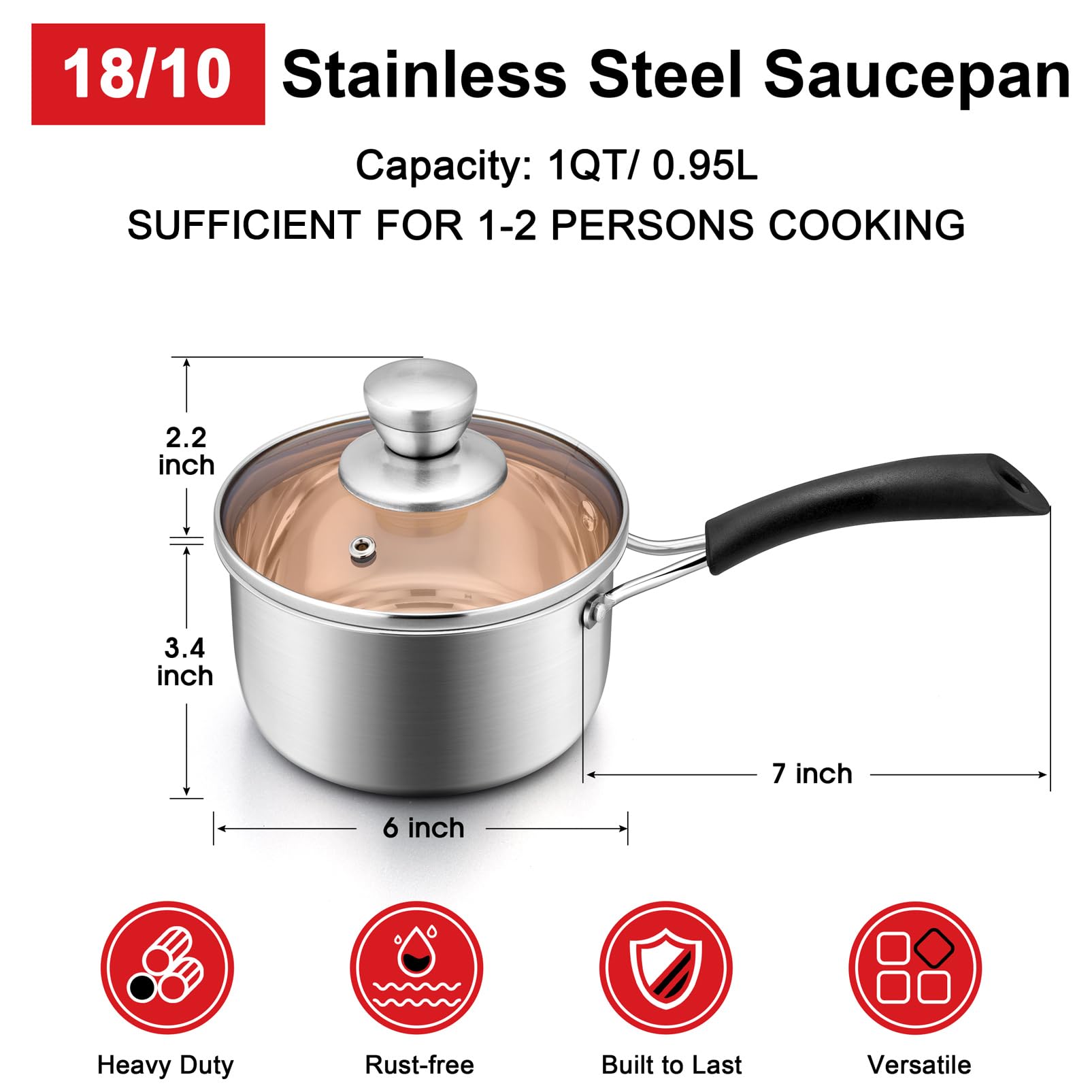 1 Quart 18/10 Stainless Steel Saucepan, Joyfair Small Sauce Pot with Lid for Multipurpose, Cooking Spaghetti, Warming Milk, Boiling Soup, Extra Pan Wall & Heat-proof Bakelite Handle, Dishwasher Safe