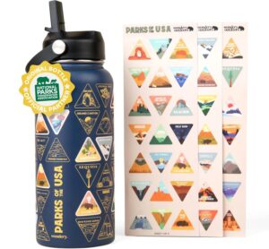 wondery original national parks of the usa bucket list travel water bottle with waterproof stickers and straw | ocean 32 oz screen printed | insulated stainless steel vacuum sealed | leak proof