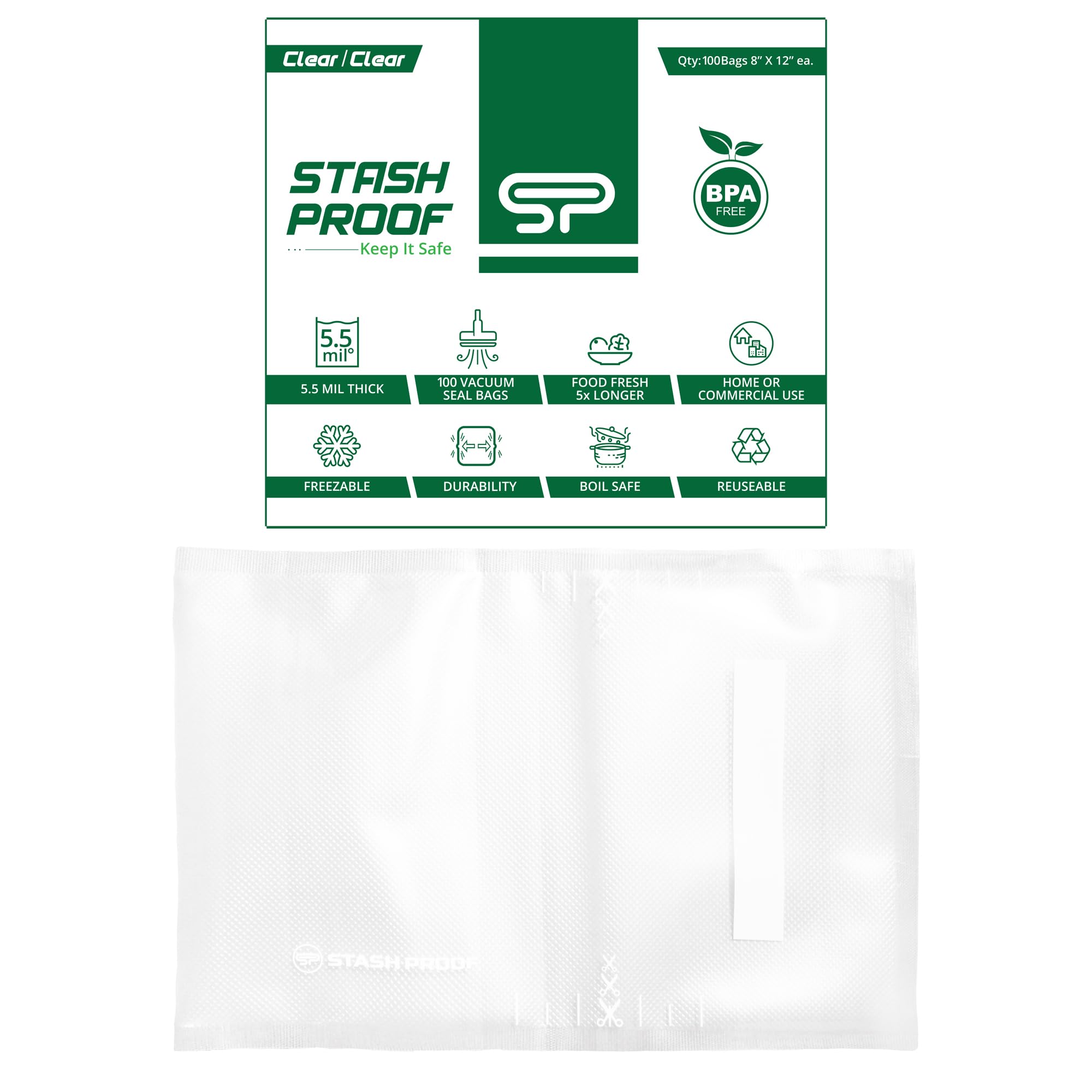 Stash Proof Vacuum Seal Bags 8" x 12" (100 Count) 5.5 Mil (Clear and Clear) - BPA Free Commerical Grade Food Saver for Storage, Sous Vide, and Meal Prep Sealer Bag