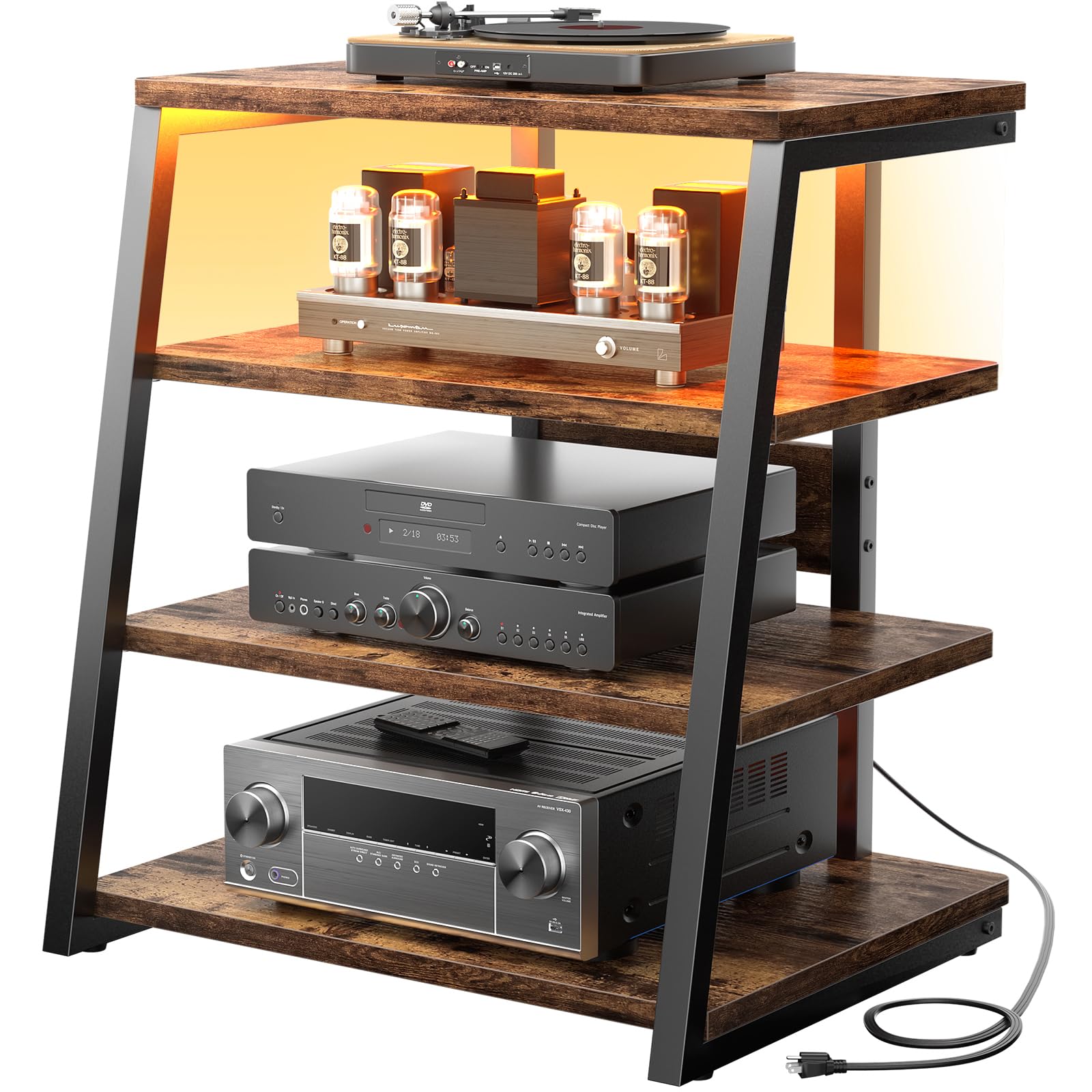 armocity 4-Tier AV Media Stand with Power Strips, Corner TV Stand with LED Lights, Rack Audio Tower with Adjustable Shelves, Corner Entertainment Center, 30'', Rustic Brown