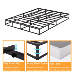 Bednowitz Full Bed Frame Low to Ground, 7 Inch High Profile Metal Box Spring with Fabric Cover Set, Heavy Duty Noise-Free Mattress Foundation, Easy Assembly