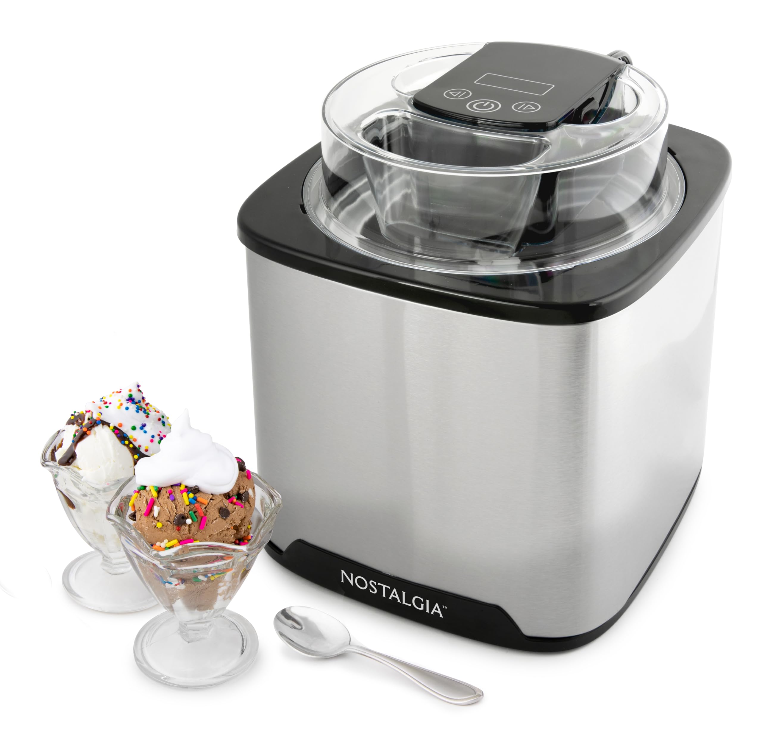 Nostalgia 2-Quart Digital Electric Ice Cream for Homemade Ice-Cream, No Salt or Ice Required, Overnight Chill Canister, Stainless Steel