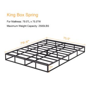 Bednowitz King Bed Frame Low to Ground, 7 Inch High Profile Metal Box Spring with Fabric Cover Set, Heavy Duty Noise-Free Mattress Foundation, Easy Assembly