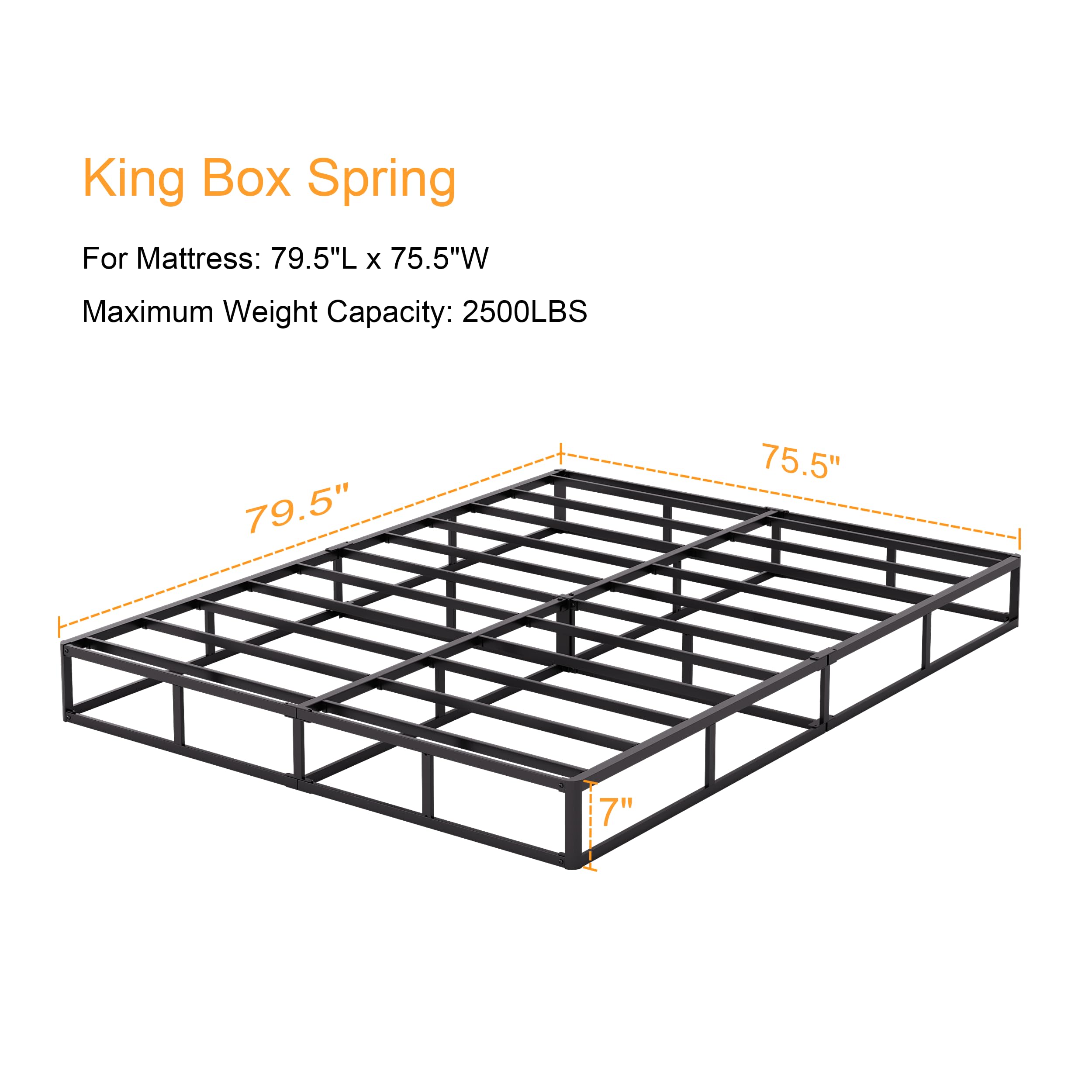 Bednowitz King Bed Frame Low to Ground, 7 Inch High Profile Metal Box Spring with Fabric Cover Set, Heavy Duty Noise-Free Mattress Foundation, Easy Assembly