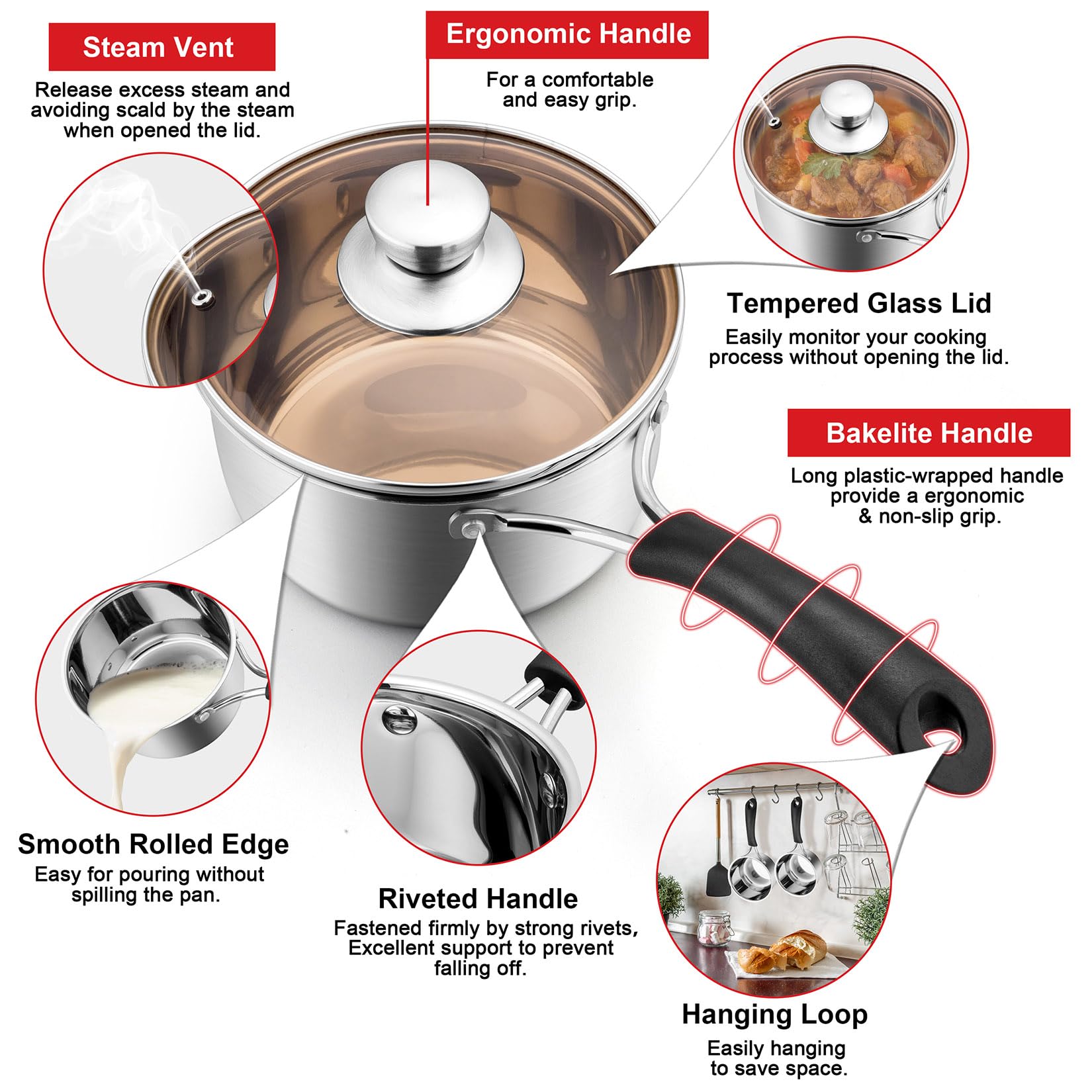 1 Quart 18/10 Stainless Steel Saucepan, Joyfair Small Sauce Pot with Lid for Multipurpose, Cooking Spaghetti, Warming Milk, Boiling Soup, Extra Pan Wall & Heat-proof Bakelite Handle, Dishwasher Safe