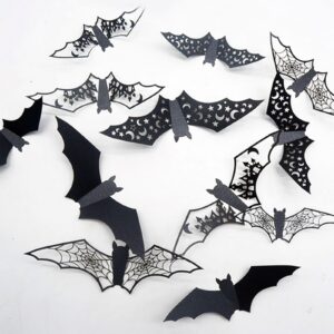 24pcs large halloween bats decorations hollow out bats wall decor, 3d self-adhesive pvc scary bat stickers halloween party indoor supplies waterproof black bats wall decals for door room decor