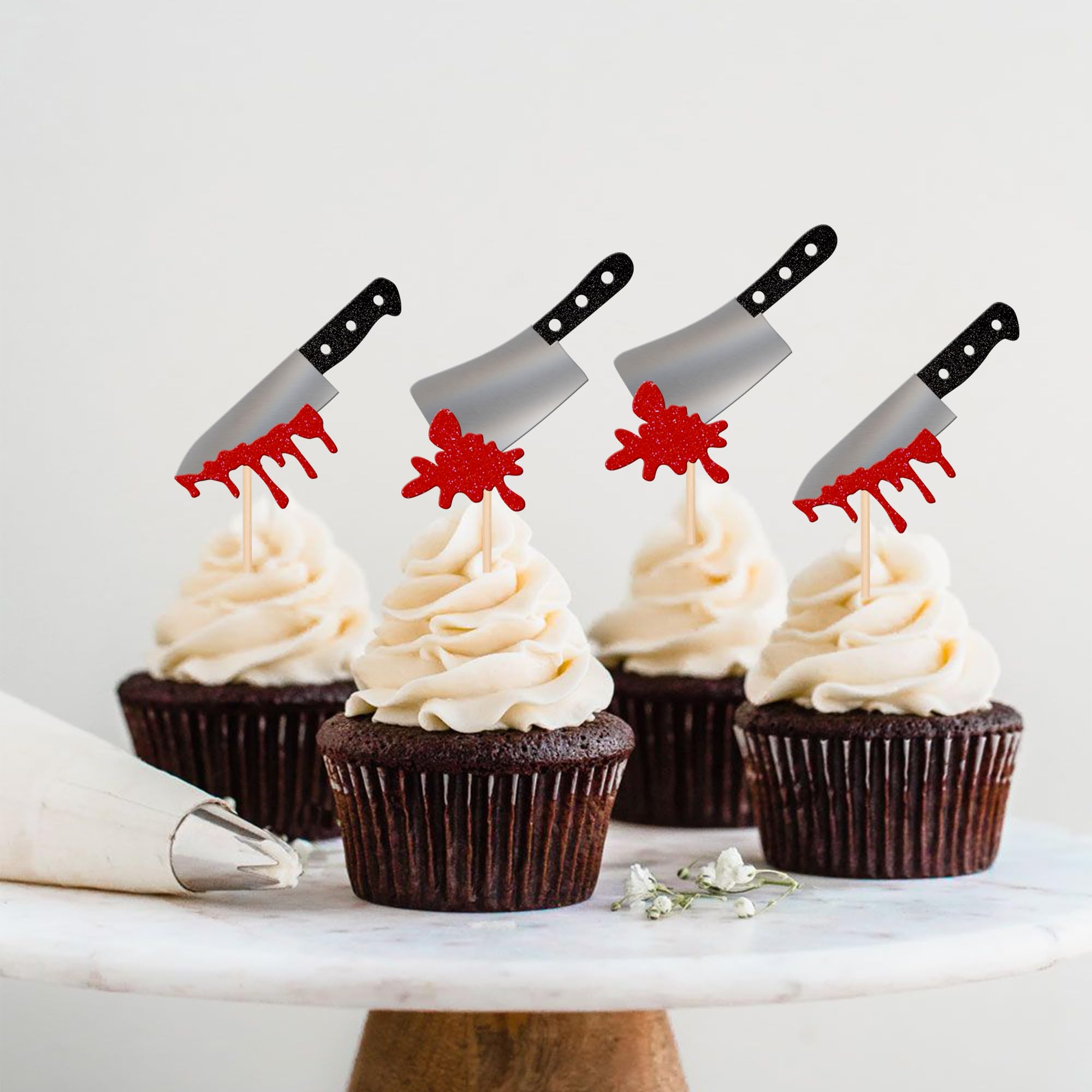 24 PCS Halloween Cupcake Toppers Glitter Horror Blood Knife Cupcake Picks Have a Killer Birthday Cake Decorations for Halloween Blood Knife Theme Birthday Party Supplies