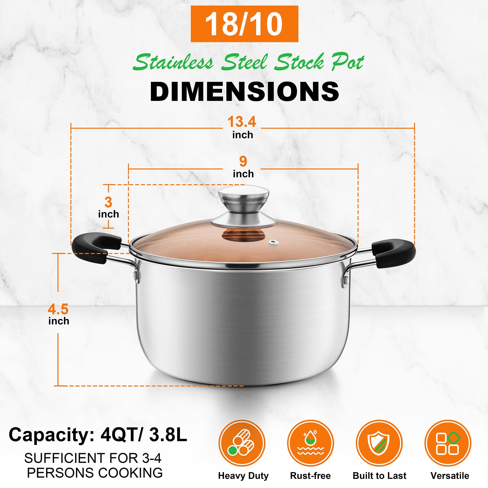 Joyfair 4Qt Stockpot, 18/10 Stainless Steel Stock Pot with Visible Lid, Heavy Duty Cookware For Home Kitchen and Restaurant Cooking Spaghetti/Boiling Soup/Stewing Beef, Rust-free & Dishwasher Safe