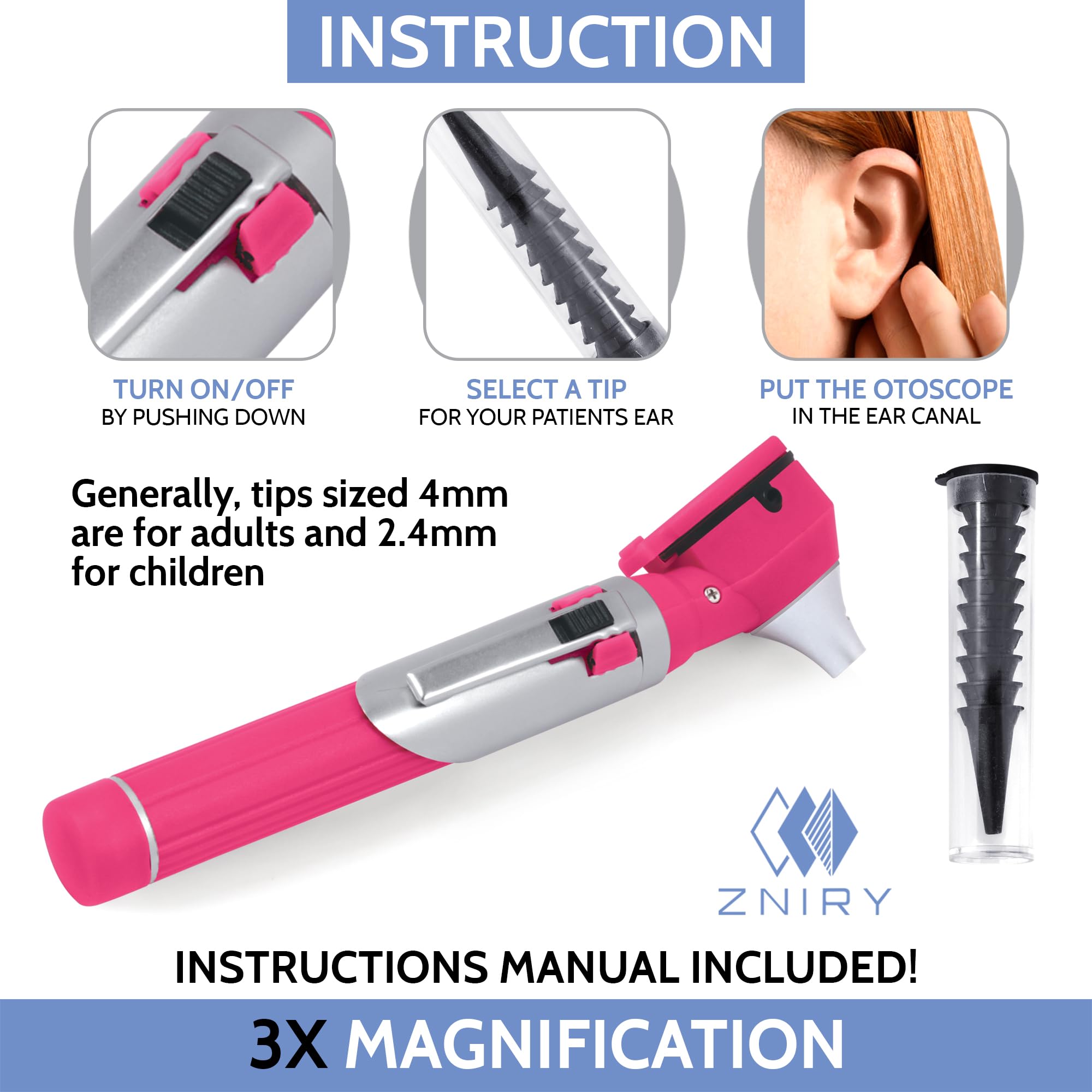 Zniry Fiber Optic Mini Otoscope - Ear Scope with Light, Ear Infection Detector (Pink Color) Reguler