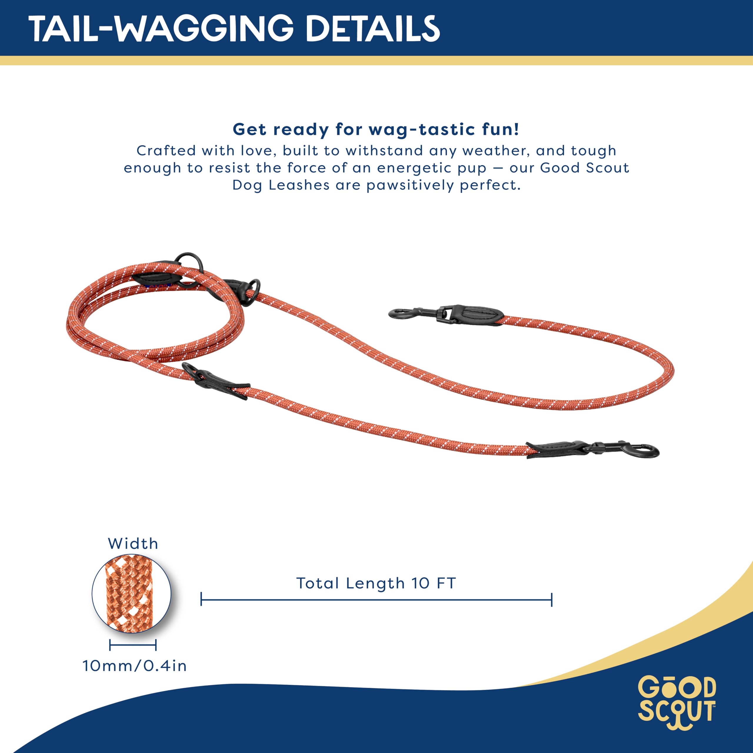 Good Scout 10' Heavy Duty Adjustable Leash for Dogs, Durable Walking & Training Leash for Puppies & Adult Dogs, D-Ring for Waste Bag Storage, Brick