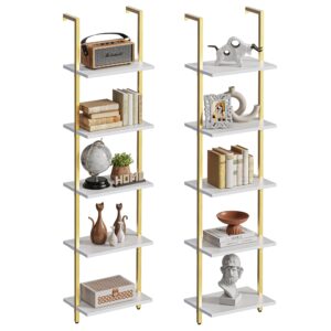 superjare 5-tier bookshelf, narrow book shelf set of 2, open wall-mounted ladder shelf with metal frame, display bookcase for home office, bedroom, white & gold