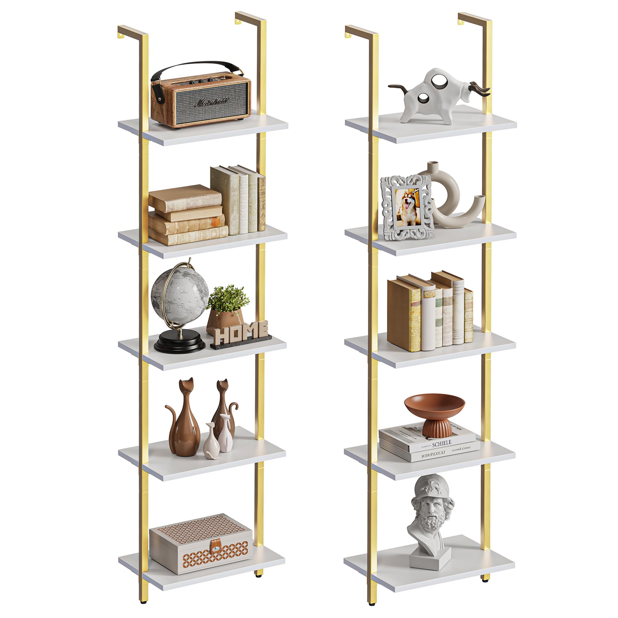 SUPERJARE 5-Tier Bookshelf, Narrow Book Shelf Set of 2, Open Wall-Mounted Ladder Shelf with Metal Frame, Display Bookcase for Home Office, Bedroom, White & Gold