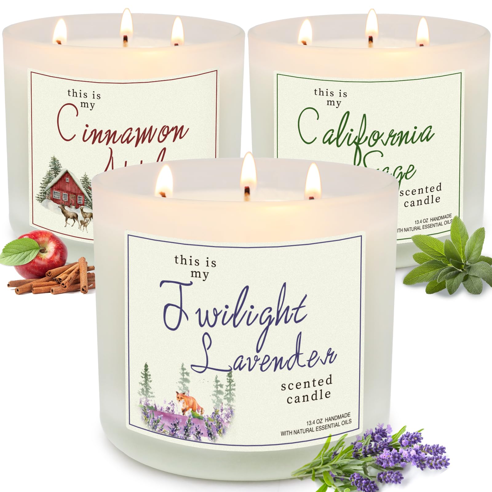 Candles for Home Scented, 3 Pack 3 Wick Large Jar Soy Candle,40.2 oz 300 Hour Long Lasting Candles,Lavender & Sage & Apple Cinnamon Aromatherapy Candle Gift Set