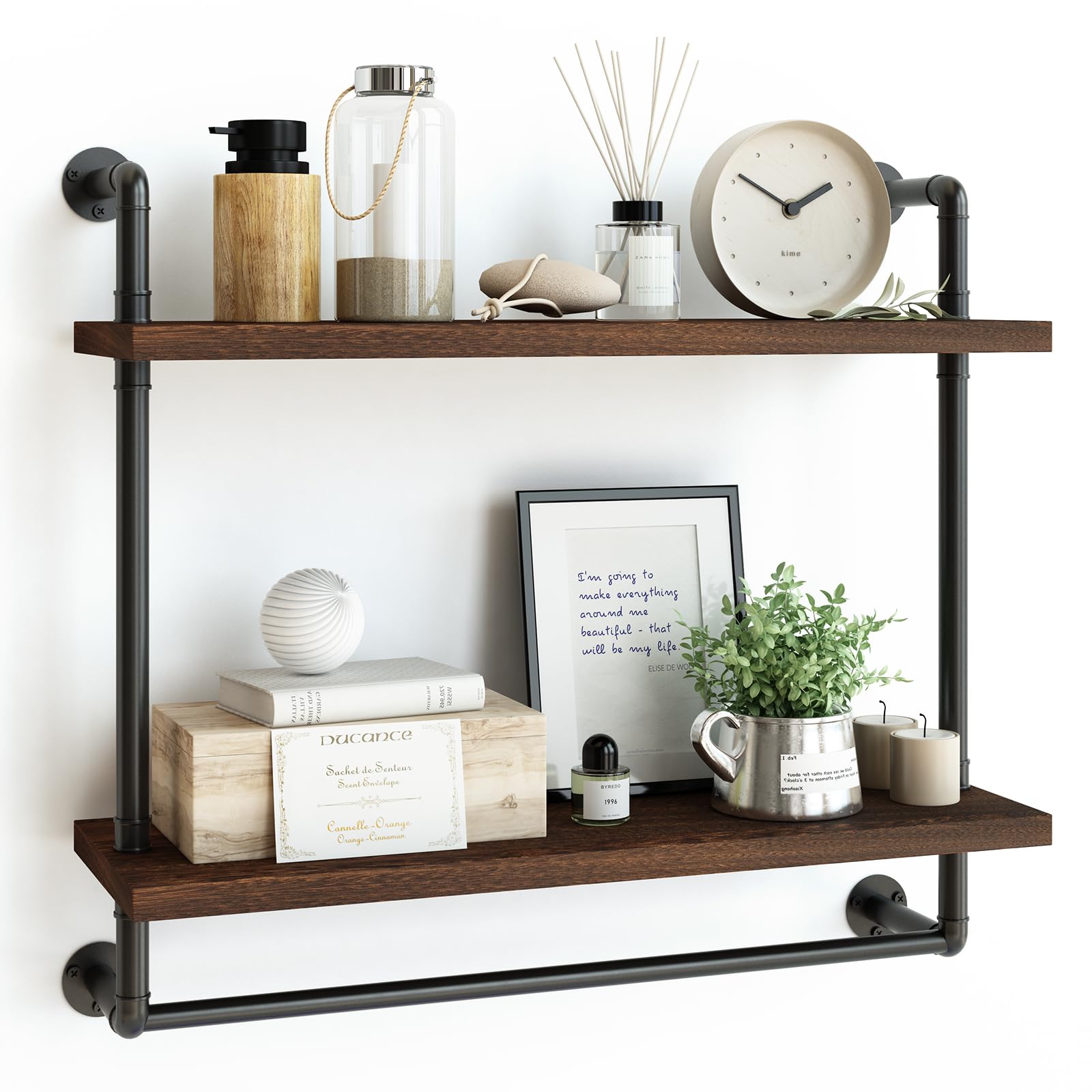 Fixwal 2 Tier Over The Toilet Storage, 24in Bathroom Shelves Wall Mounted, Rustic Wood Industrial Pipe Shelf, Floating Shelf for Bathroom, Living Room, Kitchen, Bedroom (Dark Carbonized Black)