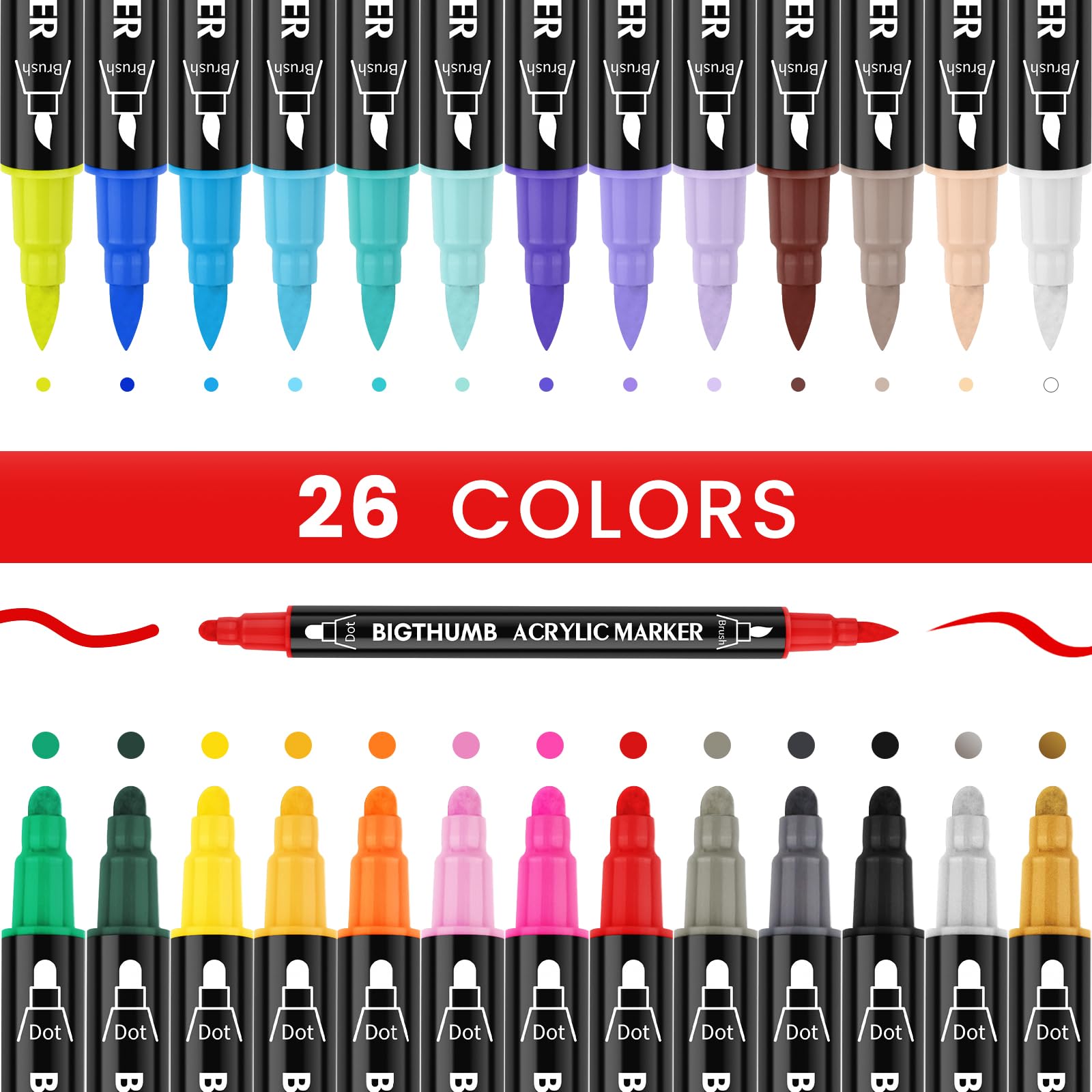 BIGTHUMB 26 Colors Acrylic Paint Pens, Dual Tip Acrylic Paint Markers with Brush Tip and Dot Tip, Paint Markers for Painting Rock, Wood, Canvas