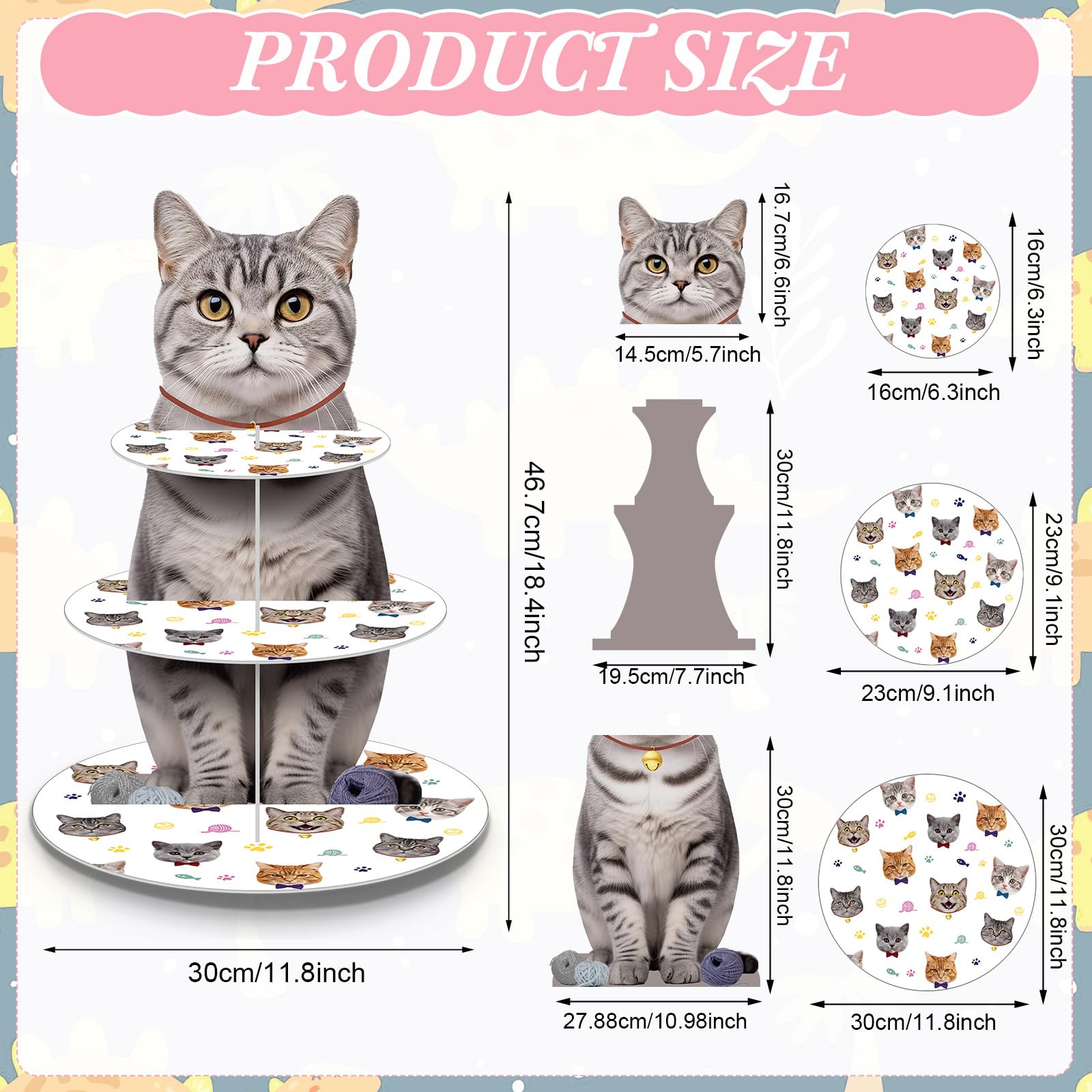 Pasimy Cat Cupcake Stand Party Decorations Cat Theme Cupcake Holder Cardboard 3 Tier Kitten Birthday Party Cake Decorations Pet Lover Dessert Stand for Cat Birthday Party Baby Shower Supplies