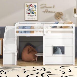 Harper & Bright Designs Low Loft Bed with Stairs, Twin Bed Frame for Kids with Storage, White