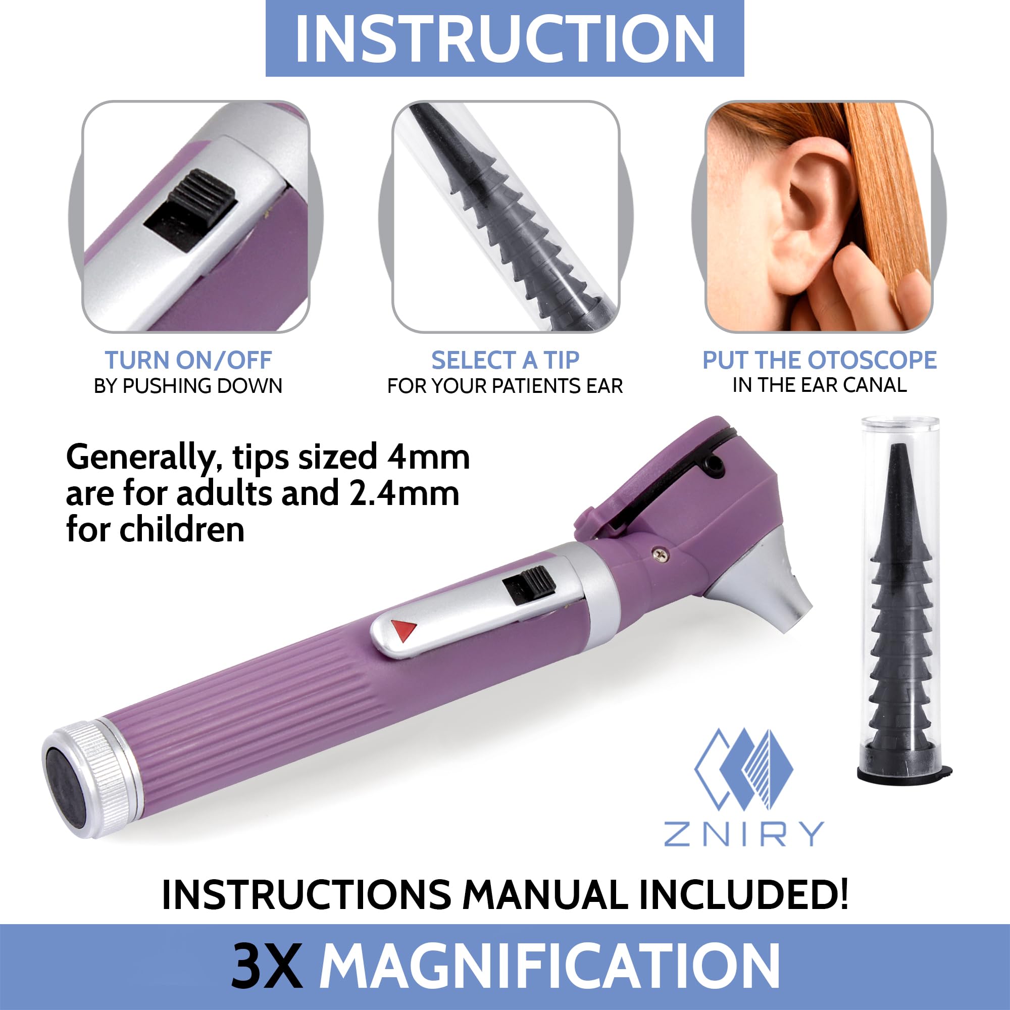 Zniry Fiber Optic Mini Otoscope - Ear Scope with Light, Ear Infection Detector (Purple Color)