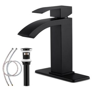 bathroom sink faucet, herogo matte black waterfall stainless steel sink faucet with pop-up drain, single handle bathroom faucet with deck plate for 1 or 3 hole rv bathroom vanity lavatory sinks